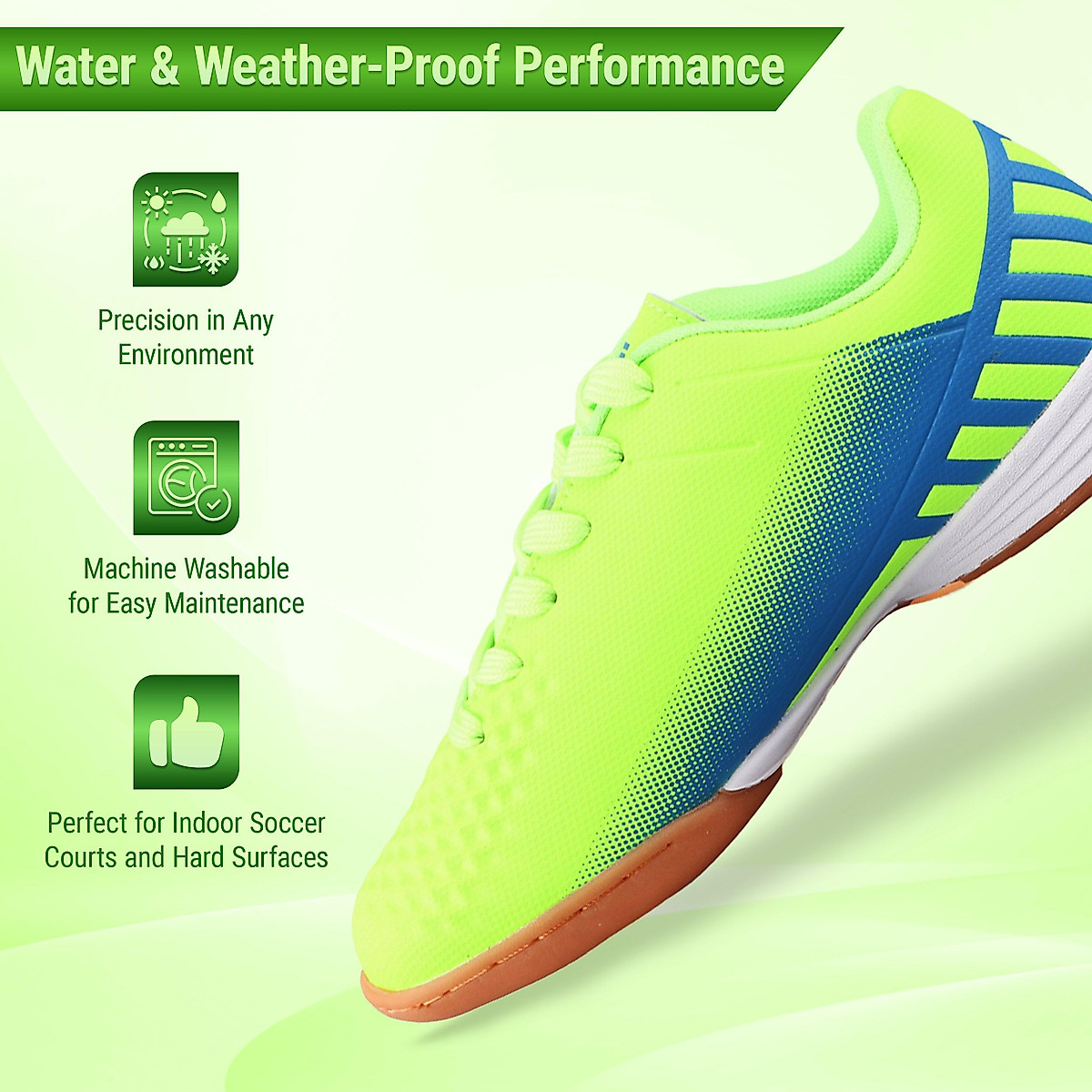 Vizari Santos Kids Indoor Soccer Shoes | Synthetic & Water Resistant Kids Soccer Cleats | Durable Football Shoes with Rubber Outsole for Maximum Traction for Boys and Girls, (Green, 8.5)