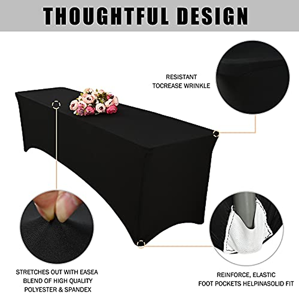 3 Pcs 8 Ft Stretch Spandex Tablecloth Rectangular Stretchable Patio Table Cover for Standard Folding Tables Fitted Cocktail Tablecloth Protector for Wedding, Banquet, Exhibitions, Party (Black)