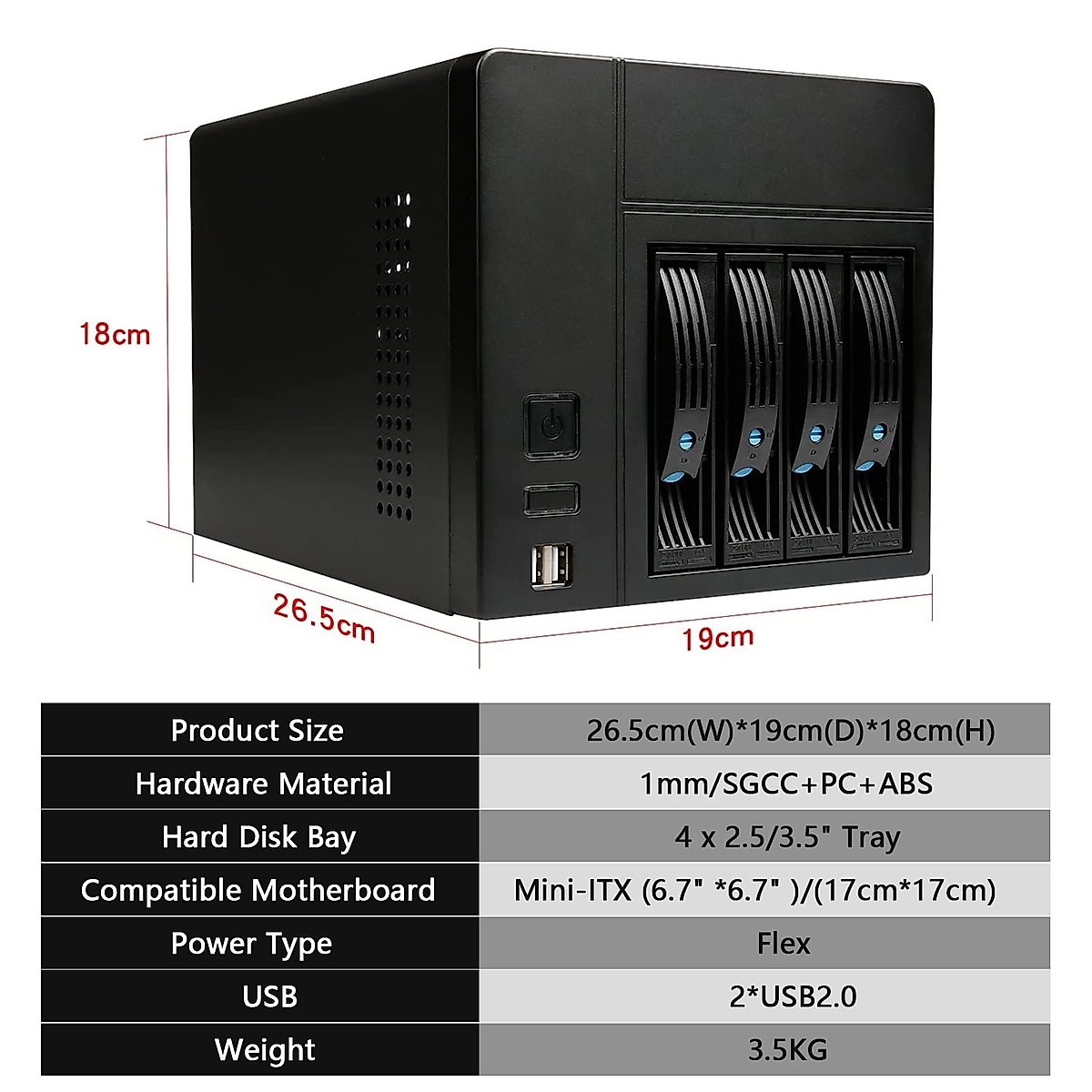 NAS Case 4-Bay K3 Chassis, AUDHEID New Network Storage Server, Compatible Flex PSU Mini-ITX, 4 x 2.5/3.5" Tray, Network Attached Storage Enclosure with 2 Front USB Ports and 1x12cm Chassis Fan