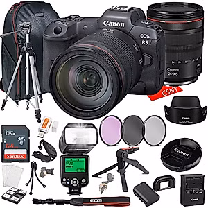 Canon EOS R5 Mirrorless Camera w/RF 24-105mm f/4 L is USM Lens + 64GB Memory + Back Pack Case + Tripod, TTL Flash, Filters, & More (28pc Bundle)