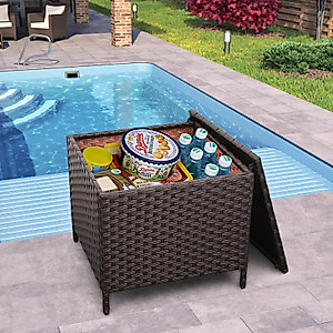 Lviden Outdoor Wicker Storage Side Table, Patio Brown PE Rattan End Table with Storage, Square Container for Furniture Covers, Toys, and Gardening Tools