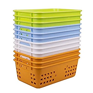 Jucoan 12 Pack Small Plastic Storage Baskets, 8.5 x 5.5 x 3 Inch Colorful Plastic Classroom Organizer Bin Tray, Stackable with Grip Handles for Bathroom, Drawers, Shelves, Closet, Office