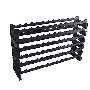 DisplayGifts Stackable Modular Wine Rack Storage Stand Pine Wood Display Shelves Wobble-Free 6 Rows 72 Bottle Capacity Black