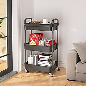 Calmootey 3-Tier Rolling Utility Cart with Drawer,Multifunctional Storage Organizer with Plastic Shelf & Metal Wheels,Storage Cart for Kitchen,Bathroom,Living Room,Office,Black