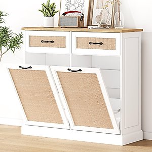GAOMON Trash Storage Cabinet for 20 Gallons, Double Tilt Out Trash Cabinet Freestanding for Kitchen Dining Living Room, Hidden Garbage Bin Cabinet Dual Doors - Rattan