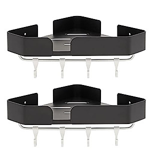 Juvale Bathroom Corner Shelves with Hooks, Wall Mounted Shower Caddy (12.5 x 8.2 in, Black, 2 Sets)