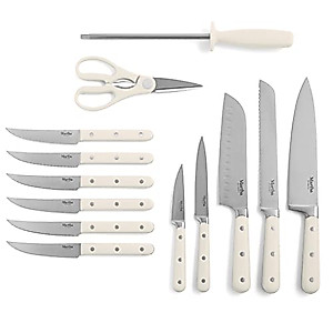 MARTHA STEWART Eastwalk 14 Piece High Carbon Stainless Steel Cutlery Knife Block Set w/ABS Triple Riveted Forged Handle Acacia Wood Block - Linen