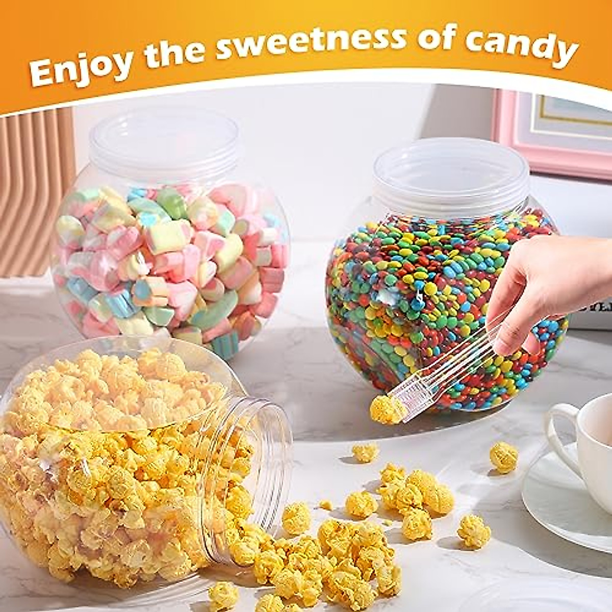 Sunnyray 18 Pcs Candy Jar Set 6 Pcs 71 oz Round Container Jars with Lids 6 Pcs Scoops 6 Pcs Tongs Plastic Containers for Cookies Snacks Candies Gifts Storage Containers Countertop Display Container
