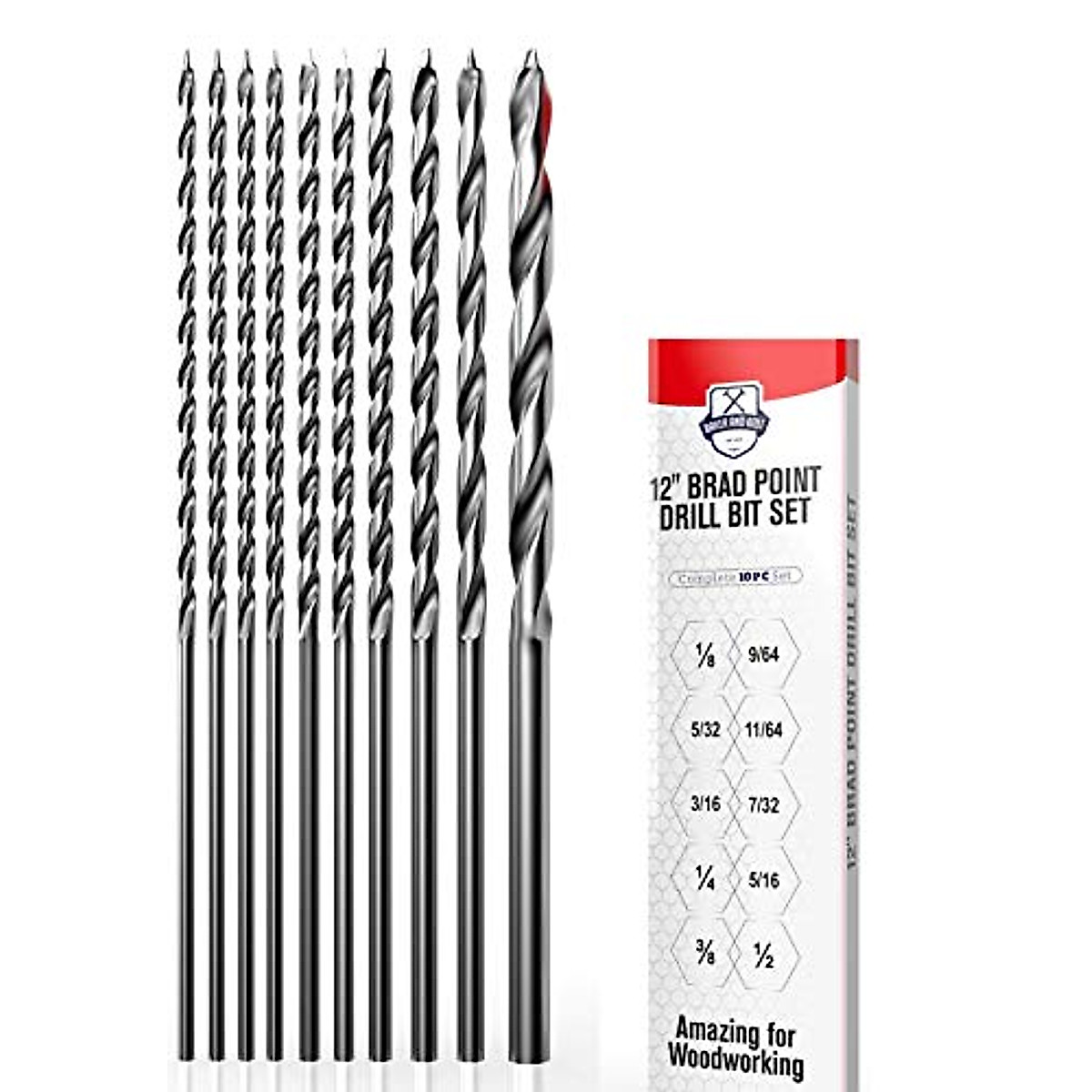 Baker and Bolt Extra Long 12" Brad Point Drill Bit Set for Wood Stainless Steel Wood Drill Bits Set | Pack of 10 with Storage Sleeve