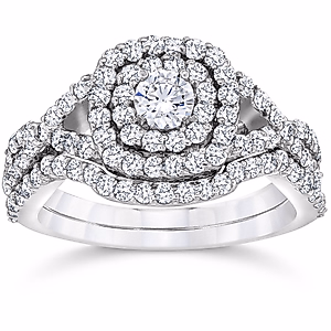 10k White Gold 1 1/10Ct TW Round-Cut Natural Diamond Engagemement Ring Cushion Double Halo Matching Wedding Band Anniversary Prong Set Band