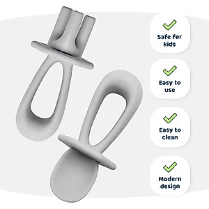 Tiny Twinkle Silicone Training Utensils - Baby Spoons and Baby Forks For Self-Feeding Training - Silicone Baby Led Weaning Utensils For Toddlers And Babies 6-24 Months - Baby Feeding Supplies (Gray)