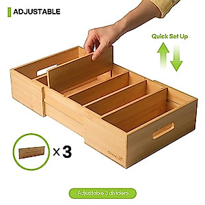CLEANCLUE Expandable Kitchen Cabinet Organizer for Food Storage Container Lids, Bamboo Drawer Caddy Adjustable Dividers, Box for Kitchen Storage and Organization, Lids Organizer for Cabinet (Natural)