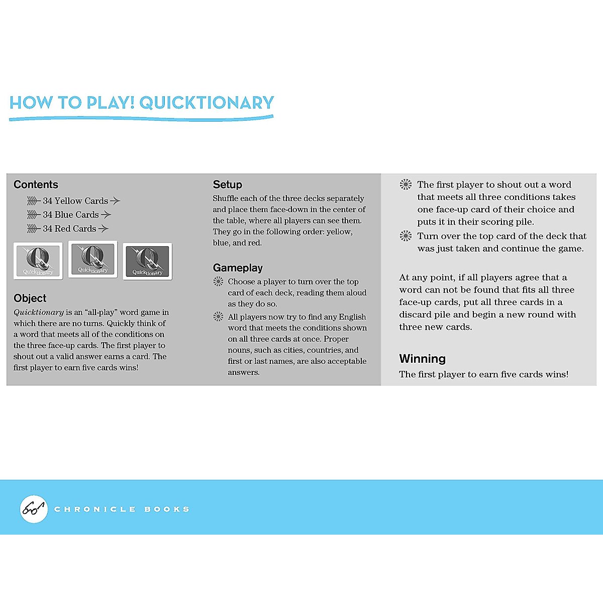 Chronicle Books Quicktionary: A Game of Lightning-Fast Wordplay, Includes 102 prompt cards; 1 rule book