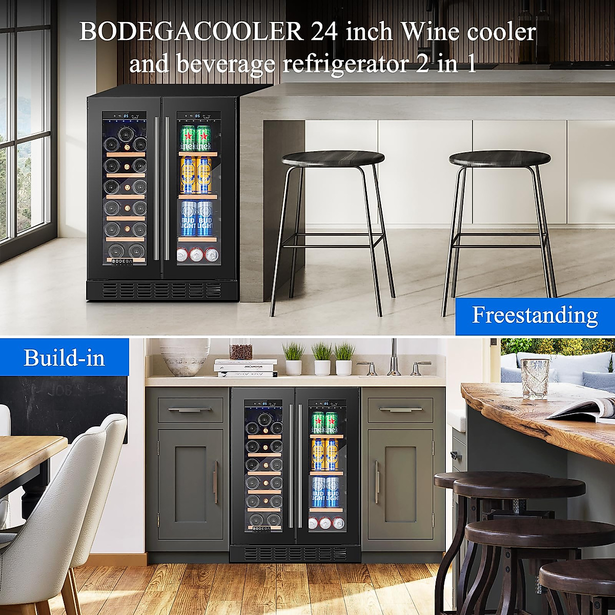 BODEGACOOLER 24 Inch Wine and Beverage Refrigerator, Dual Zone Wine Cooler Refrigerator, Wine and Beer Refrigerator Under Counter Cooling With Compressor,Hold 21 Bottles and 57 Cans [Black]