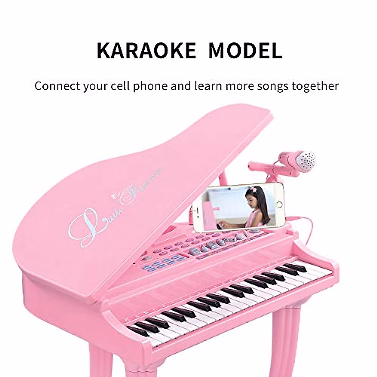 Kids Piano Keyboard Toys 37 Keys,Grand Piano for Beginners,3 4 5 6 Years Old Toddler Girl Boy Gift,Educational Musical Instrument,w/Microphone,Stool,Piano Lid,Lights,Note Stickers,Enamel Finish- Pink
