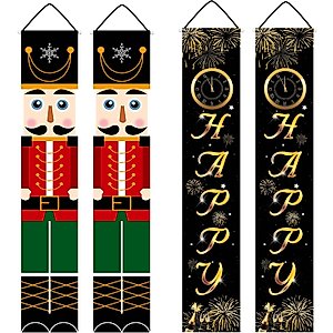 Christmas Decorations Outdoor Reversible Banner-Christmas Nutcrackers/Happy New Year Hanging Door Porch Sign for Home Indoor Outside Yard Garden Party Xmas Decor