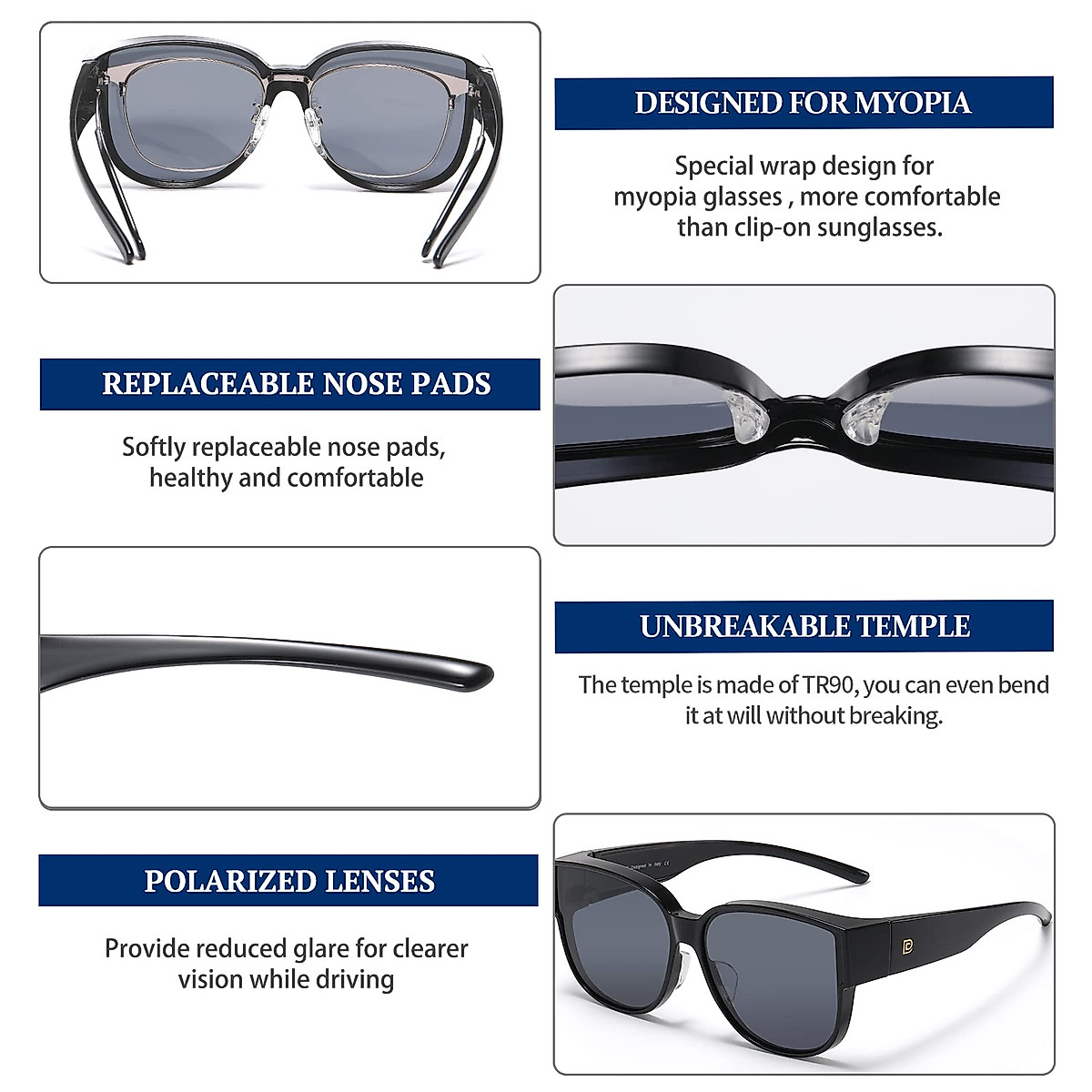 DUCO Fit Over Sunglasses for Men Women Wear Over Glasses Retro Wrap Around Polarized Sun Glasses UV400 Protection (A-Black Frame Grey Lens)