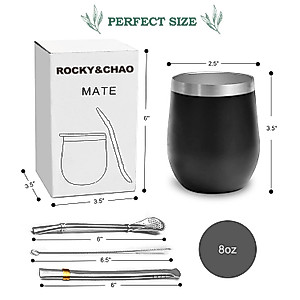 2 Pack 8 Ounces Modern Mate Cup Yerba Mate Tea Cup Set - Including Two Bombilla (Yerba Mate Straw), Lid & Cleaning Brush, Mate Cup for Drinking - Stainless Steel, Double-Wall (Black and Brown）