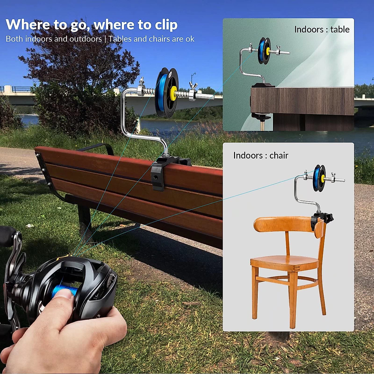 THKFISH Fishing Line Spooler Fishing Line Winder Spooler Fishing Accessories Adjustable Stable Portable Fishing Line Spooler with Clamp D-Line Spooler Rod Clamp & Table Clamp