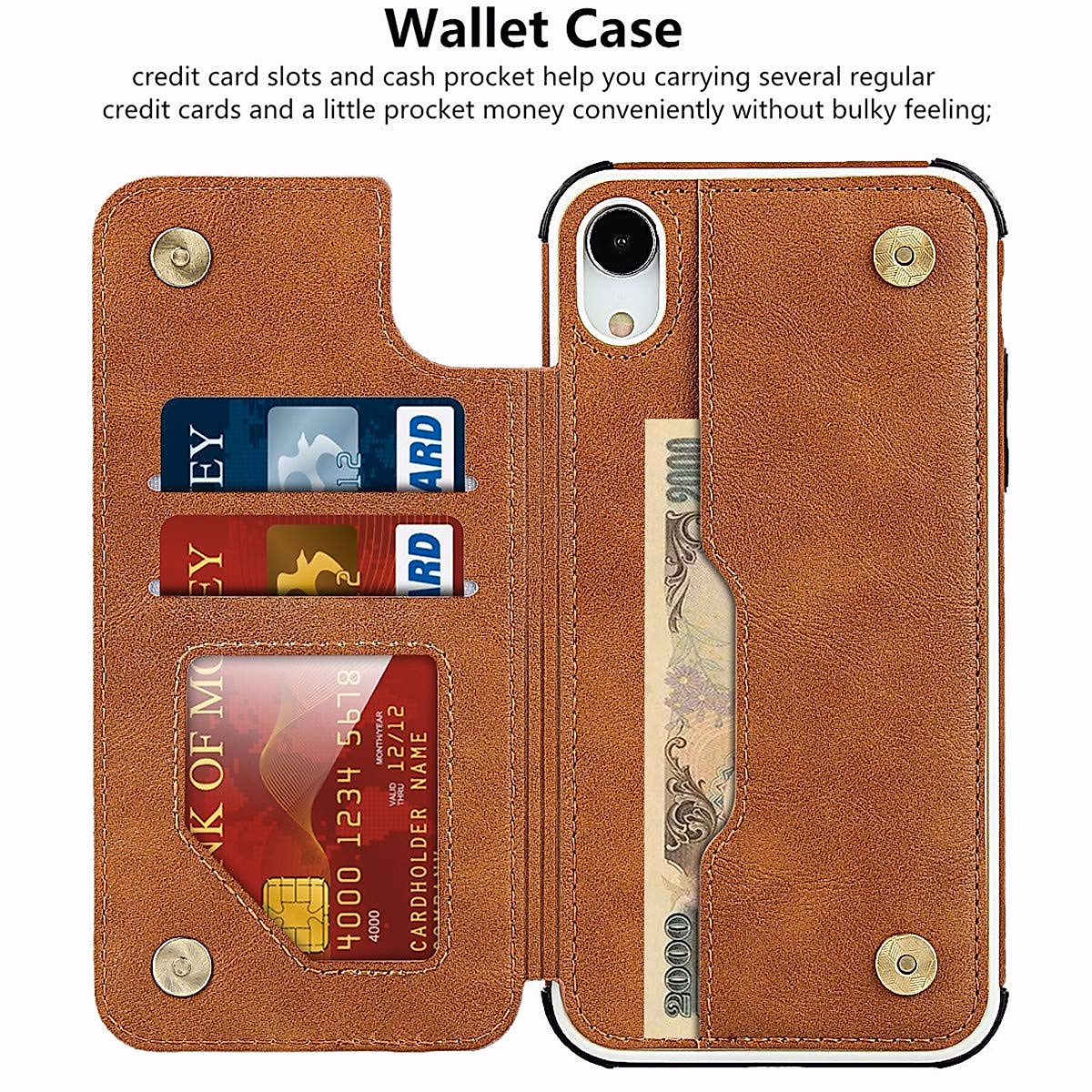 iCoverCase Wallet Case, with Card Slots Holder and Wrist Strap PU Leather Kickstand Double Magnetic Clasp Shockproof Cover Case for iPhone XR 6.1 Inch (Khaki)