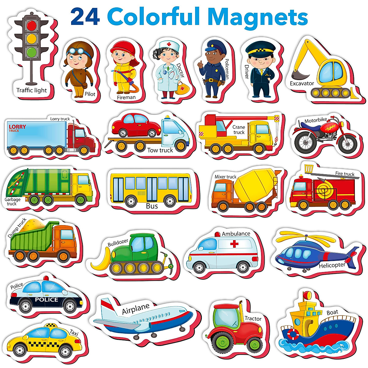 Little World Large Set of 24 Foam Fridge Magnets for Toddlers 1-3 - Refrigerator Magnets for Kids – Baby Magnets for Refrigerator 1 Year Old - Magnetic Vehicles for Toddlers 1-2 - Child Safe Magnets