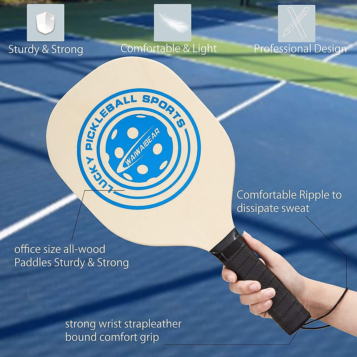 WAIWAIBEAR Pickleball Paddles Set of 4 Delux Pickle Ball Paddle& Ball Set,Pickleball Set Indoor&Outdoor Rackets(Includes 4Wood Paddles & 7 Balls Pickleballs 6 Bandage 1 Carry Bag Set