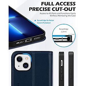 SHIELDON Case for iPhone 13 6.1", Genuine Leather iPhone 13 Wallet Folio Case with Kickstand RFID Blocking Card Holder Magnetic Full Protection Shockproof Case Compatible with iPhone 13 5G - Navy Blue