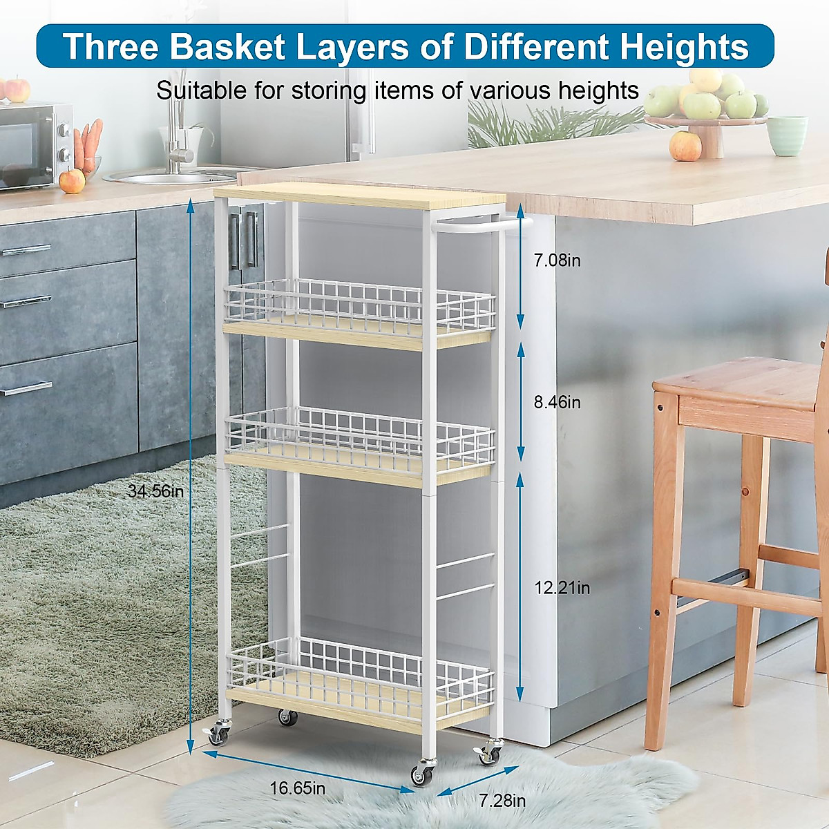 Slim Storage Cart 4-Tier Rolling Kitchen Utility Cart White Narrow Slide Out Laundry Storage Cart on Wheels and Wood Table Top Mobile Shelving Unit Organizer Trolley for Bathroom Small Space 7.3 W