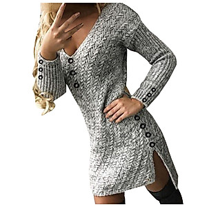 FAMOORE Sexy Long Sleeve Plus Size Dress for Women Women's Long Sleeve Dress Knit Sweater Short Sexy Dress Striped Midi Dress Grey