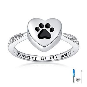 925 Sterling Silver Love Heart Urn Ring for pet Dog Cat's Ashes Keepsake Memorial Tiny Jewelry Forever in My Heart Paw Print Cremation Finger Rings(black 8)