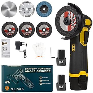 VTWTV Cordless Brushless Mini Angle Grinder Kit, Grinding Disc 3in/76mm, 19500rpm Mini Lightweight Electric Grinding Tool Handheld Cutter with 2 PCS 12V1500mAh Batteries & 6PCS Cutting Discs