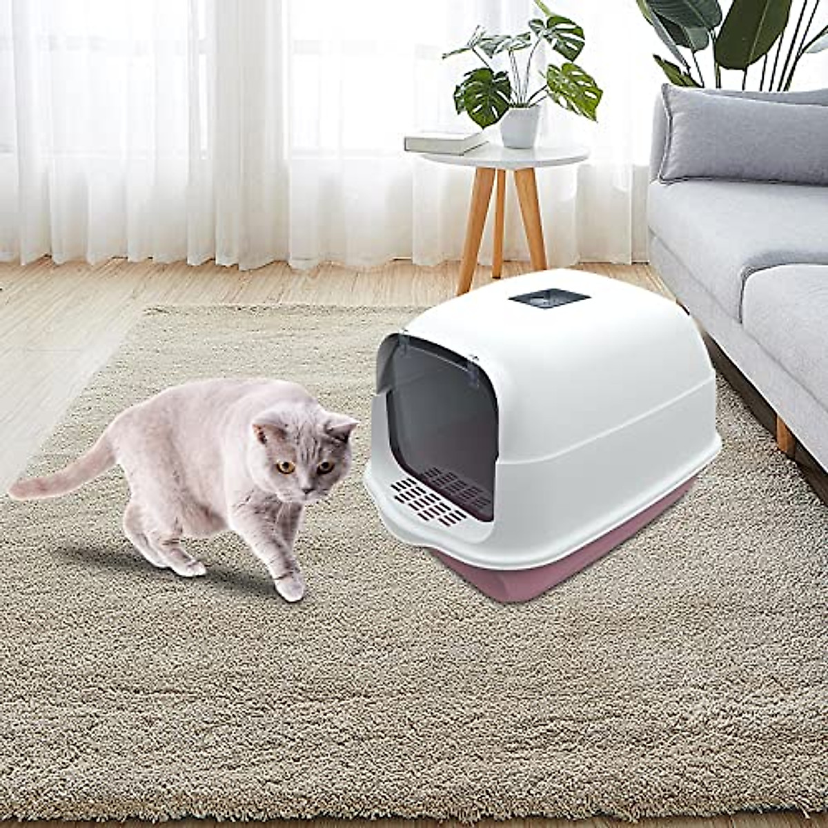 Gralara Large Cat Litter Box with Lid Enclosed Waterproof Easy to Clean Anti Splashing Litter Tray Reusable with Door Toilet Pet Supplies Cat Toilet, Pink Bottom
