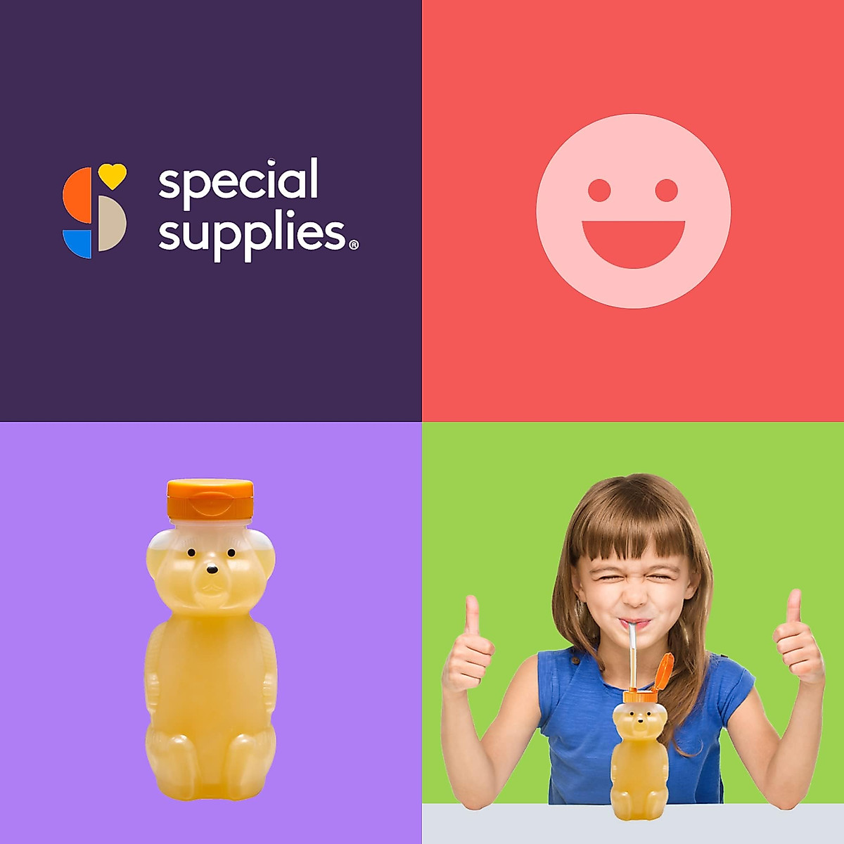 Special Supplies Honey Bear Straw Cup For Baby, 3 Straws, Squeezable Therapy and Special Needs Assistive Drink Container, Spill Proof and Leak Resistant Lid