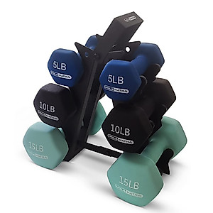 HolaHatha Hex Dumbbell Weight Training Home Gym Equipment Set with 5, 10, and 15 Pound Fitness Hand Weights with Storage Organizer Rack, Multicolor