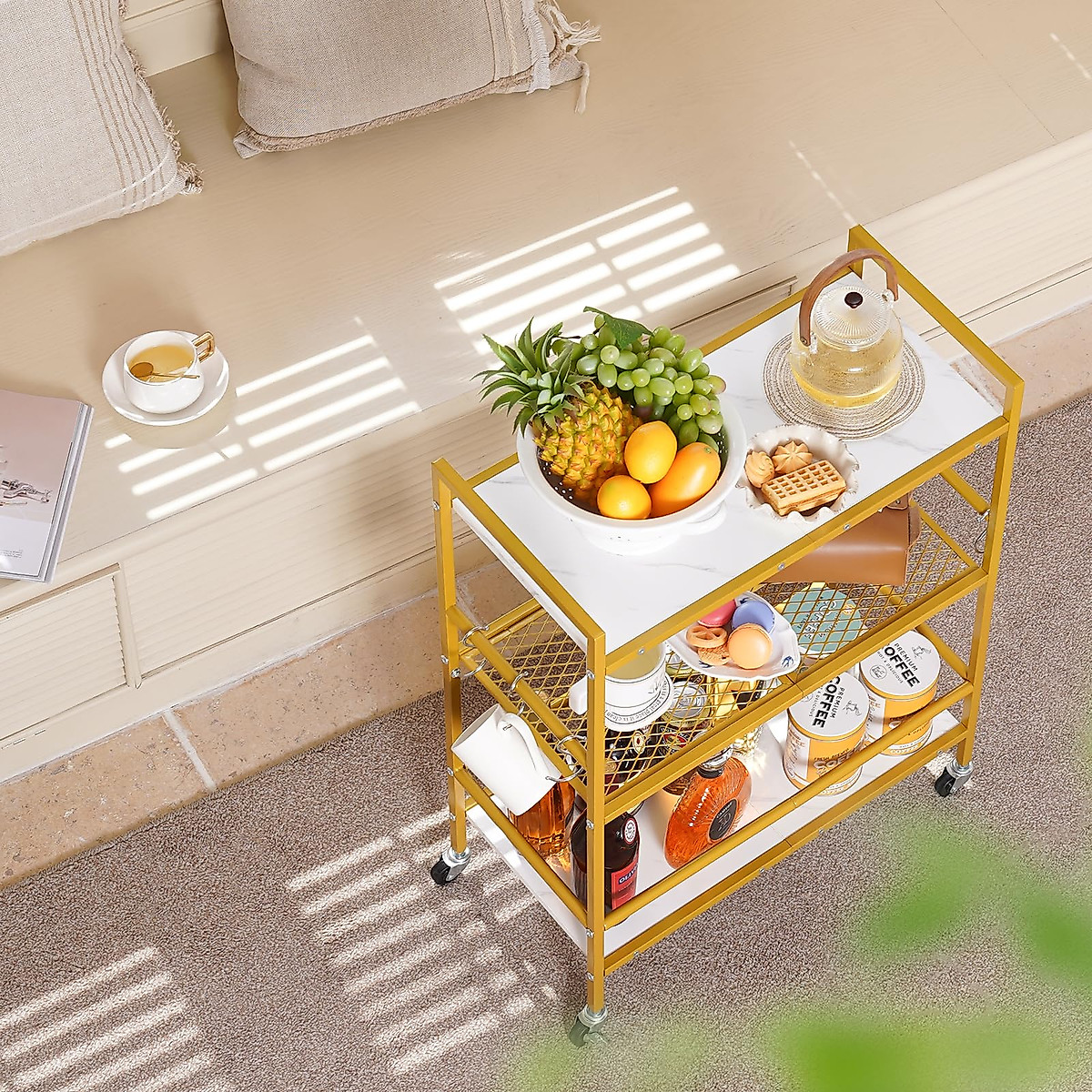 Yoobure Bar Cart with Wheels, Bar Carts for The Home, 3-Tier Rolling Kitchen Cart with Wine Rack and Glass Holder, Home Bar & Serving Carts with Hooks Wine Cart Microwave Cart for Kitchen Living Room