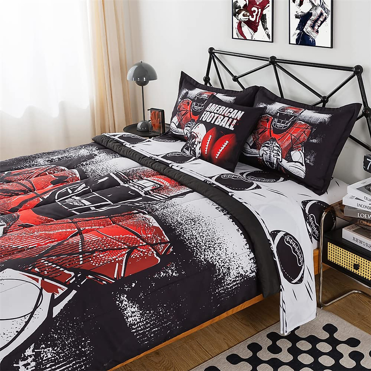 qjmiaofang Football Comforter Set 6Pieces Boys American Football Bedding Set Twin Size for Kids Teens Sports Themed Bed in A Bag American Football Player Bedding Set with Black Football Sheet for Home
