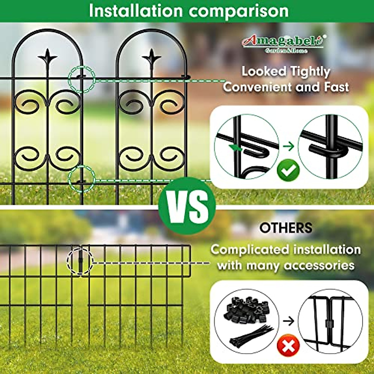 Amagabeli 8 Panels Decorative Garden Fence 10ft (L) x 32in(H) Garden Fencing Animal Barrier for Dog Rustproof Black Iron Border Fence Edging Metal Wire Fencing for Outdoor Patio Vinyl Flower ET046