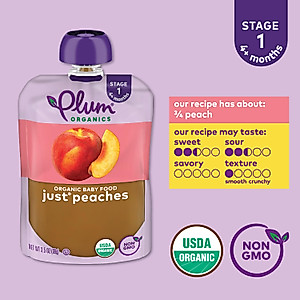 Plum Organics | Stage 1 | Organic Baby Food Meals [4+ Months] | Peach Puree | 3.5 Ounce Pouch (Pack Of 12) Packaging May Vary