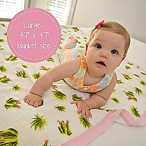 LollyBanks Muslin Quilt Blanket, Large 47 x 47 Inches Versatile Crib Blanket for Baby Girls, 6 Layers Newborn Blanket, Soft Blend 70% Viscose Made from Bamboo + 30% Cotton, Registry (Cactus Print)
