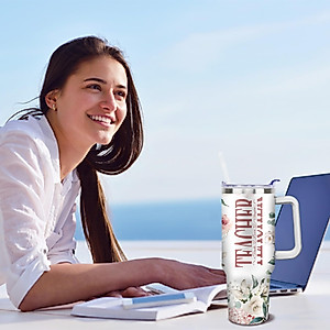 thmasamwr 40oz Teacher Tumbler with Handle, Stainless Steel Teacher Water Bottle Cup, Teacher's Travel Coffee Mug, Thanksgiving,Christmas,Graduation Gifts for Teachers