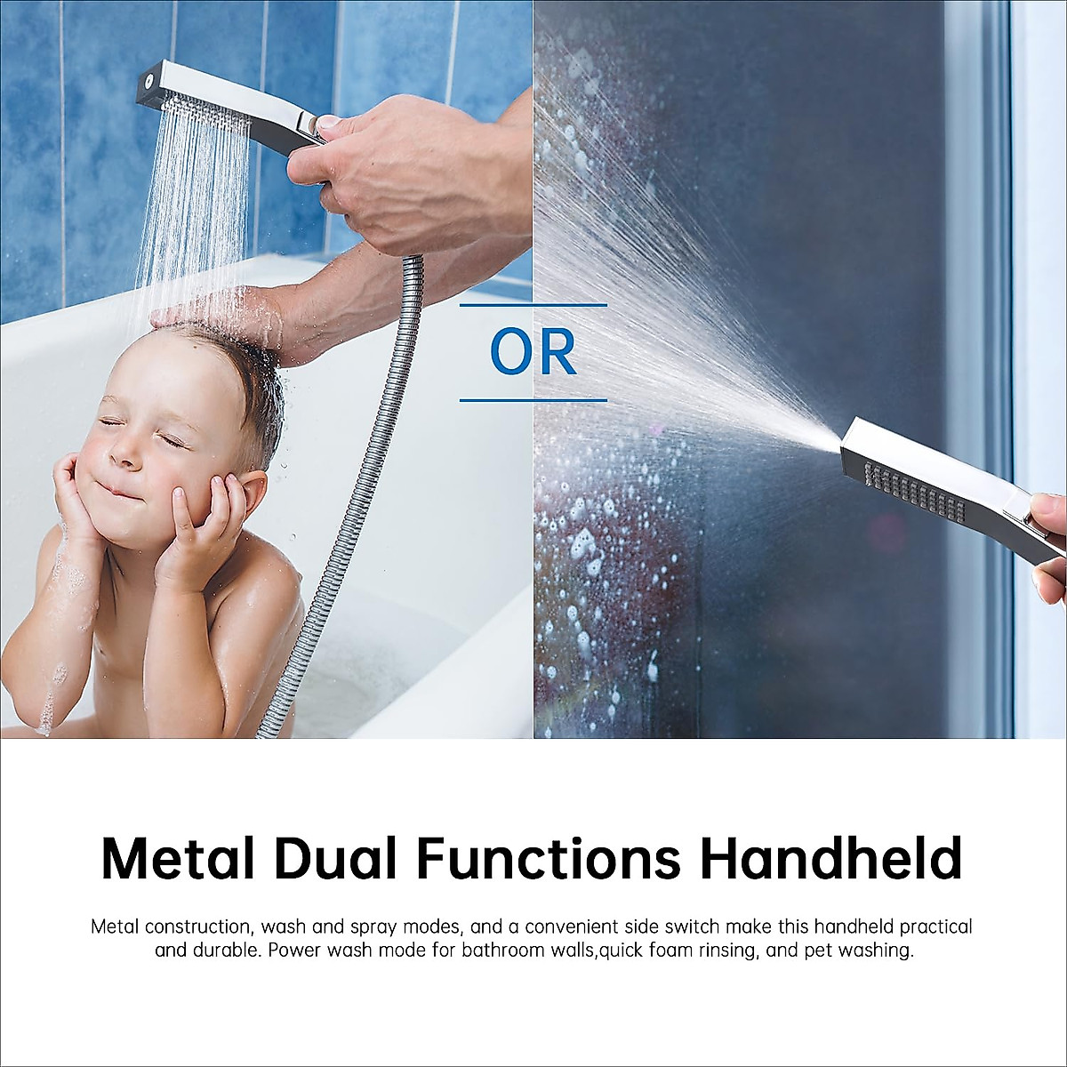 G-Promise All Metal 12'' Rain Shower Head with Handheld Built-in Power Wash Mode 3-way Diverter with Pause Setting 11'' Adjustable Extension Arm with Lock Joint 65'' Stainless Steel Hose