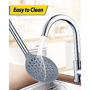 Kitchen Ladle Strainer Set of 2 Large Slotted Spoon with High Heat Resistant BPA Free Non Stick Cooking Skimmers For Draining & Frying (Grey and Teal Blue)