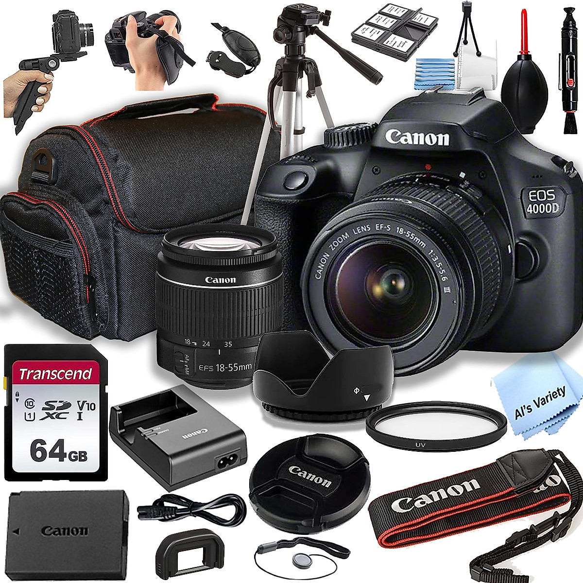 Canon 4000D (EOS Rebel T100) DSLR Camera w/EF-S 18-55mm F/3.5-5.6 Zoom Lens + 64GB Memory Card, Case, Hood, Tripod, Grip-Pod, Filter, Professional Photo Bundle(24pc) (Renewed)