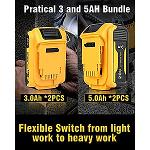 5.0Ah&3.0Ah 4-Pack Battery Set Replacement for Dewalt 20V Battery DCB203,DCB203-2,DCB205,DCB206,DCB200,DCB201,DCB180,DCB181,DCB182, Compatible with Dewalt 20V Tools, for DCD, DCF, DCG and DCS Series
