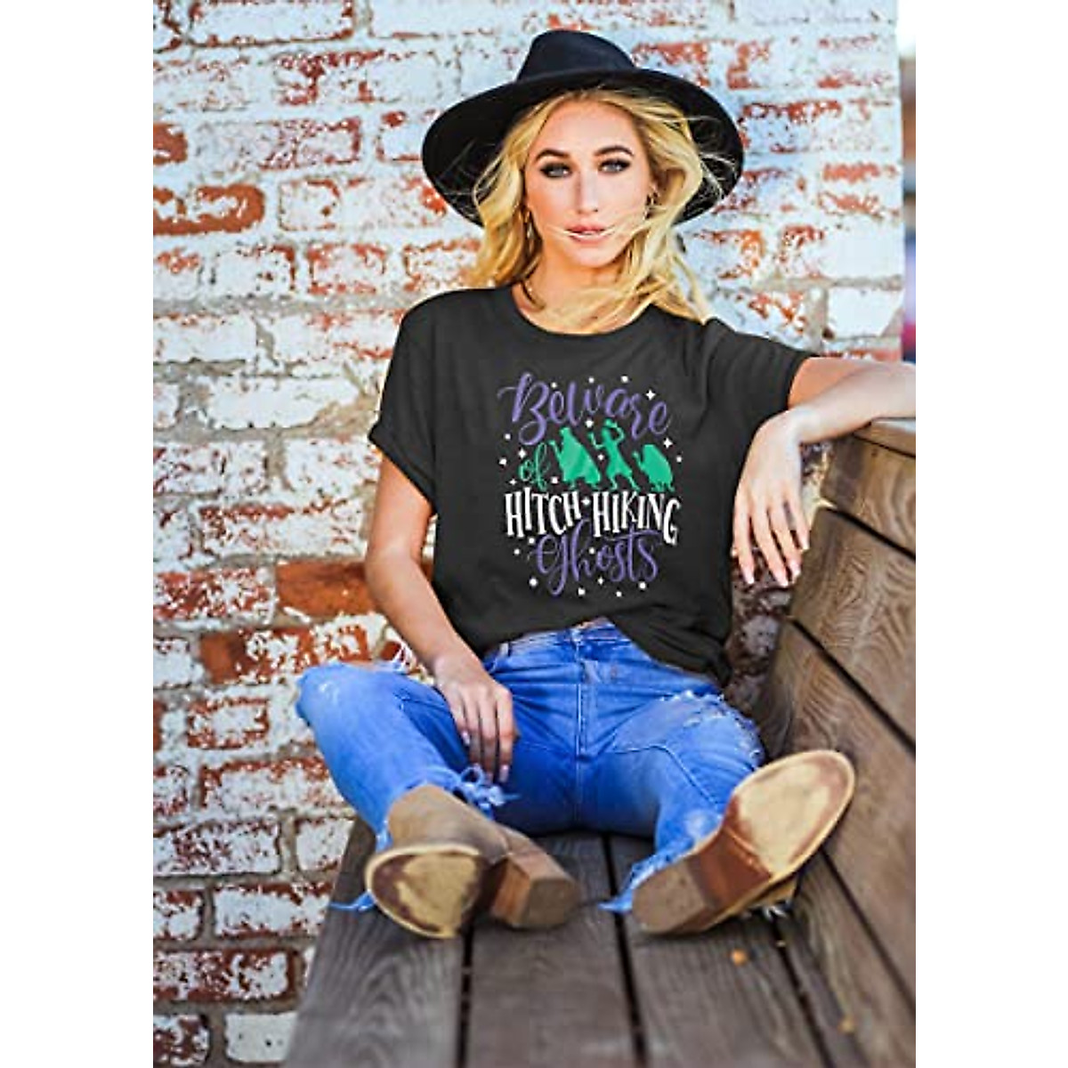 Beware of Hitch Hiking Ghost Shirt Women Funny Halloween Shirt Haunted Shirt Ghost T-Shirt Short Sleeve Shirt Gray