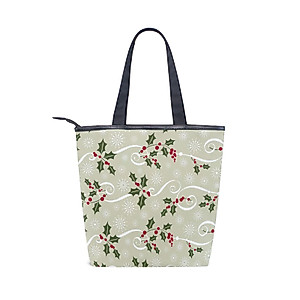 Christmas Holly Berry Tote Handbag for Women Tote Bag, Canvas + leather Shoulder Bag, Hobo bag, Satchel Purse(237ri1a)