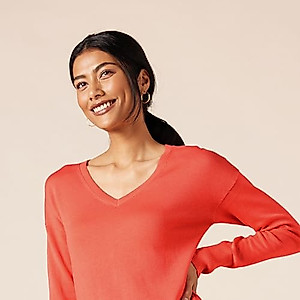 Amazon Essentials Women's Lightweight Long-Sleeve V-Neck Tunic Sweater (Available in Plus Size), Coral Pink, Medium