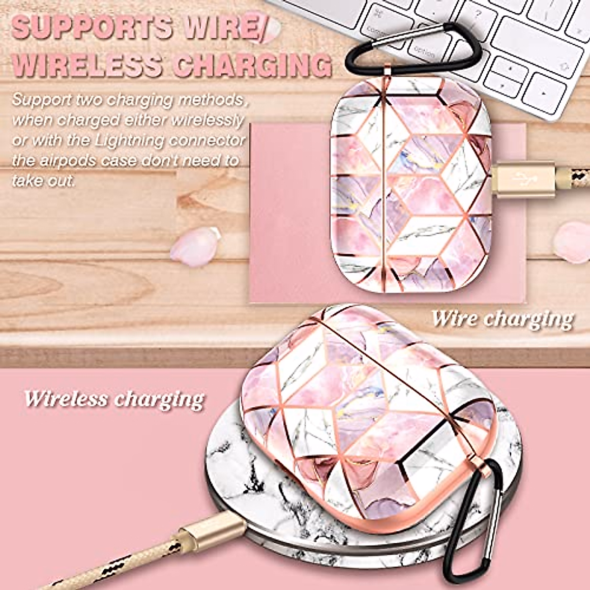 Hasaky Case for AirPods Pro Case Cover, Girls/Woman/Men/Boys Portable (with Keychain) Cute Rose Gold Marble Series Hard Shockproof Anti-Scratch Protective Case for Apple AirPods Pro -Pink Marble.