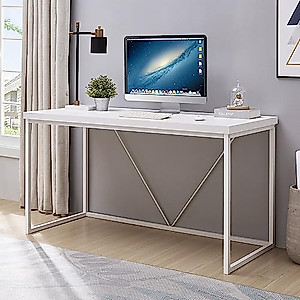 EXCEFUR Home Office Desk, Metal and Wood Computer Desk, Modern Rustic Work Study Writing Table for Living Room Bedroom, White Oak, 55 inch