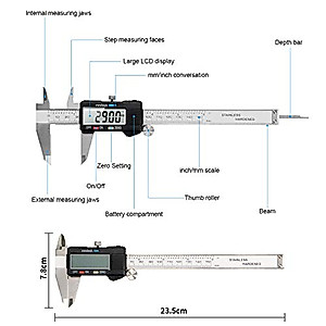 Caliper Measuring Tool, Qfun Vernier Digital Caliper Stainless Steel 6 Inch/150mm, Digital Micrometer Waterproof, Easy Switch from Inch to Millimeter, Large LCD Screen